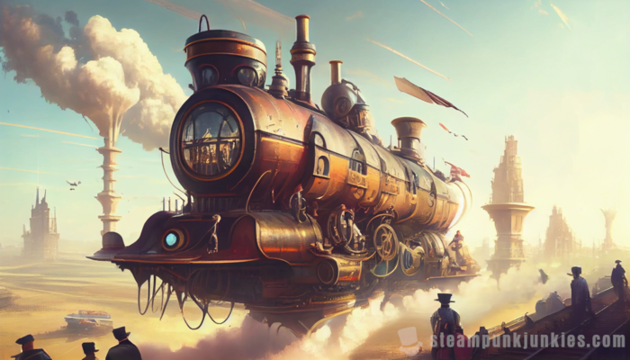 Steampunk train flying away from sky city