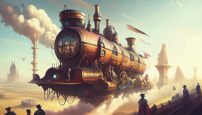 Steampunk train flying away from sky city